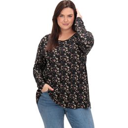 sheego Damen Langarmshirt in A-Linie, gebl&uuml;mt schwarz-gemustert Gr&ouml;&szlig;e 56/58