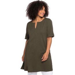 sheego Damen Longshirt mit geschlitztem Ausschnitt dunkeloliv Gr&ouml;&szlig;e 48/50