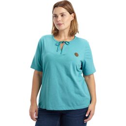 sheego Damen Kurzarmshirt mit Bindeband am Ausschnitt ozean Gr&ouml;&szlig;e 56/58