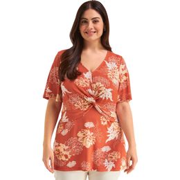 sheego Damen Shirt mit raffiniertem Knotendetail terra-vanille-bedruckt Gr&ouml;&szlig;e 48