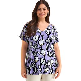 sheego Damen V-Shirt mit raffiniert geschlitzten &Auml;rmeln flieder-ecru-bedruckt Gr&ouml;&szlig;e 52/54