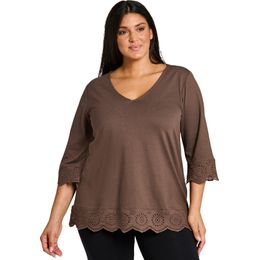 sheego Damen V-Shirt mit Lochstickerei-Volants schoko-champagner Gr&ouml;&szlig;e 52/54