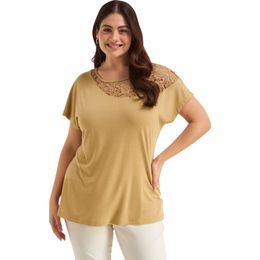 sheego Damen Kurzarmshirt mit floraler Spitze camel Gr&ouml;&szlig;e 48/50