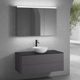 neoro n50 Unterschrank B: 120 cm mit 2 Ausz&uuml;gen, Waschtisch &Oslash; 45 cm wei&szlig; matt, mit Spiegelschrank,, BN0106WM+BN0424GR+BN0404BM+BN0475MI,