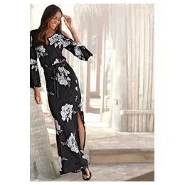 Maxikleid Lascana "mit Blumenprint und Schulter-Cut-Outs, 3/4-&Auml;rmel", Damen, Gr. 36, N-Gr, schwarz-wei&szlig; (schwarz, creme, bedruckt), Jersey, Obermaterial: 100% Viskose, bedruckt, gebl&uuml;mt, figurumspielend bodenlang, Rundhals, Volant, Kleider Maxikleid, Sommerkleid mit hohem Schlitz, softes Jerseykleid, Viskosekleid