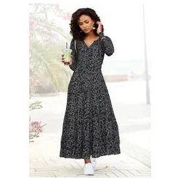 Maxikleid Lascana "mit Blumenprint und Volants aus gewebter Viskose, locker bequemer Look", Damen, Gr. 46, N-Gr, beige (schwarz, creme, bedruckt), Web, Obermaterial: 100% Viskose, bedruckt, gebl&uuml;mt, figurumspielend kn&ouml;chelfrei, V-Ausschnitt, mit Gummizug, Kleider Maxikleid, Lang&auml;rmliges Webkleid, Sommerkleid, Kaftankleid mit weitem Rockteil