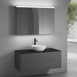 neoro n50 Unterschrank B: 120 cm mit 2 Ausz&uuml;gen, Waschtisch &Oslash; 40 cm wei&szlig; matt, mit Spiegelschrank,, BN0064WM+BN0424GR+BN0404C2+BN0475MI,