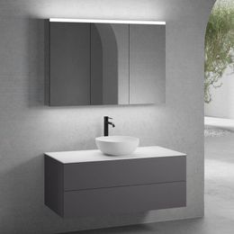 neoro n50 Unterschrank B: 120 cm mit 2 Ausz&uuml;gen, Waschtisch &Oslash; 45 cm wei&szlig; matt, mit Spiegelschrank,, BN0106WM+BN0424GR+BN0404WM+BN0475MI,