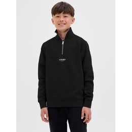 Jack & Jones Sweatshirt JACK & JONES JUNIOR "JJESOHO SWEAT QUARTER ZIP HN NOOS JNR", Jungen, Gr. 128, schwarz, angeraute Sweatware, Obermaterial: 80% Baumwolle, 20% Polyester, bedruckt, relaxed fit normal, hoch geschlossener Ausschnitt, Rippb&uuml;ndchen, Sweatshirts Sweatshirt