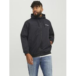 Jack & Jones PlusSize Bomberjacke "JJERUSH HOOD BOMBER NOOS PLS", Herren, Gr. 4XL, schwarz, Web, Obermaterial: 100% Polyester, JACK & JONES PLUSSIZE, regular fit taillenbedeckt, ohne Ausschnitt, Rippb&uuml;ndchen, Jacken Bomberjacke, mit Logo Schriftzug