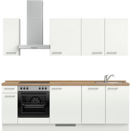 K&uuml;chenzeile Nobilia "Laser I", NEU: individuell anpassbar mit gratis Profi-Beratung", wei&szlig; (k&uuml;che: wei&szlig;, korpus: alpinwei&szlig;, arbeitsplatte: eiche havanna nachbildung), B:240,3cm H:216,6cm T:60cm, Komplettk&uuml;chen-Sets, K&uuml;chenzeile, vormontiert, 240 cm breit, optional mit verschiedenen E‑Ger&auml;te-Sets