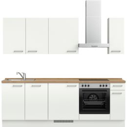 K&uuml;chenzeile Nobilia "Laser I", NEU: individuell anpassbar mit gratis Profi-Beratung", wei&szlig; (k&uuml;che: wei&szlig;, korpus: alpinwei&szlig;, arbeitsplatte: eiche havanna nachbildung), B:240,3cm H:216,6cm T:60cm, Komplettk&uuml;chen-Sets, K&uuml;chenzeile, vormontiert, 240 cm breit, optional mit verschiedenen E‑Ger&auml;te-Sets