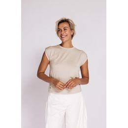 Kurzarmshirt Zhrill "WERA T-Shirt RH", Damen, Gr. L, sand, Single Jersey, Obermaterial: 57% Viskose, 24% Polyester, 13% metallisierte Faser (LUREX), 6% Elasthan, unifarben, normal h&uuml;ftbedeckend, Rundhals, abgesteppte Kante, Shirts, mit metallischen Details