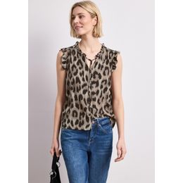 Blusentop Street One, Damen, Gr. 36, timeless beige, Web, Obermaterial: 100% Viskose, l&auml;ssig geschnitten h&uuml;ftbedeckend, Rundhals, Blusen Blusentop, mit Leo-Print und R&uuml;schen
