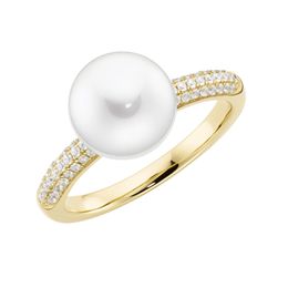 Perlenring "mit Muschelkern-Perle und Zirkonia, Silber 925" Gr. 56, gold, Giorgio Martello MILANO, Fingerringe, Damen, 56, Silber 925 (Sterlingsilber), Perlenring