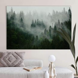 Bilderwelten Akustikbild Tiefgr&uuml;ner Tannenwald im Nebel