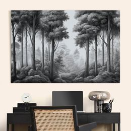 Bilderwelten Akustikbild | Wandbild schallabsorbierend - Romantische Waldlandschaft Schwarz-Wei&szlig;
