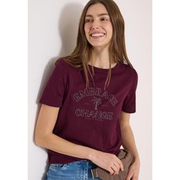 Rundhalsshirt Cecil, Damen, Gr. M (40), sweet grape rot, Jersey, Obermaterial: 50% Baumwolle, 50% Polyester, bedruckt, normal h&uuml;ftbedeckend, Rundhals, abgesteppte Kante, Shirts Rundhalsshirt, Sommershirt im Ausbrenner-Look mit Wording