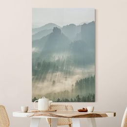 Bilderwelten Akustikbild | Wandbild schallabsorbierend - S&auml;chsische Schweiz Sonnenstrahlen im Morgennebel