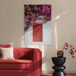 Bilderwelten Akustikbild | Wandbild schallabsorbierend - Rote T&uuml;r mit Bougainvillea auf Mykonos