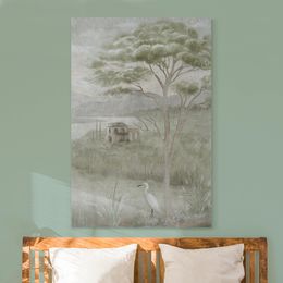 Akustikbild Pastellgr&uuml;ne Landschaft mit Kranich