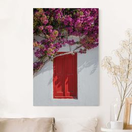 Bilderwelten Akustikbild | Wandbild schallabsorbierend - Rote T&uuml;r mit Bougainvillea auf Mykonos