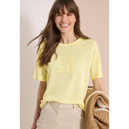Kurzarmshirt Cecil, Damen, Gr. L (42), butter gelb, Jersey, Obermaterial: 55% Polyester, 45% Viskose, bedruckt, meliert, normal h&uuml;ftbedeckend, Rundhals, abgesteppte Kante, Shirts, Sommershirt in Leinen-Optik mit Print