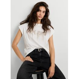 Kurzarmshirt Pepe Jeans "CARINA", Damen, Gr. L, mousse wei&szlig;, Single Jersey, Obermaterial: 100% Baumwolle, bedruckt, regular fit h&uuml;ftbedeckend, Rundhals, angesetztes B&uuml;ndchen, Shirts, mit Nietenbesatz, Rundhals