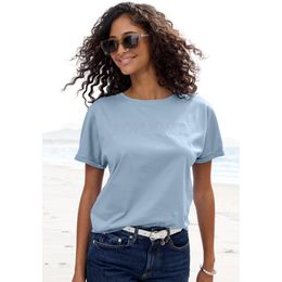 T-Shirt Vivance "mit Stickerei", Damen, Gr. 32/34, himmelblau, Single Jersey, Obermaterial: 100% Baumwolle, bestickt, figurumspielend normal, Rundhals, abgesteppte Kante, Shirts T-Shirt, aus angenehmer Bio-Baumwolle
