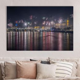 Bilderwelten Akustikbild | Wandbild schallabsorbierend - Dresden Silvesterfeuerwerk mit Elbbr&uuml;cke