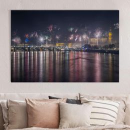 Bilderwelten Akustikbild | Wandbild schallabsorbierend - Dresden Silvesterfeuerwerk mit Elbbr&uuml;cke