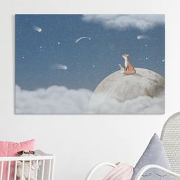 Bilderwelten Akustikbild | Wandbild schallabsorbierend - Fuchs und Maus auf dem Mond Blau