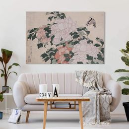 Bilderwelten Akustikbild | Wandbild schallabsorbierend - Katsushika Hokusai - Rosa Pfingstrosen mit Schmetterling