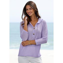 3/4-Arm-Shirt Lascana "aus b&uuml;gelfreiem Waffelstrick", Damen, Gr. 32/34, blau (flieder), Strick, Obermaterial: 64% Polyester, 34% Viskose, 2% Elasthan, leicht transparent, unifarben, l&auml;ssig geschnitten normal, V-Ausschnitt, Shirts 3/4-Arm-Shirt, mit Kapuze und Knopfleiste