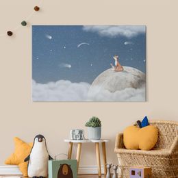 Bilderwelten Akustikbild | Wandbild schallabsorbierend - Fuchs und Maus auf dem Mond Blau