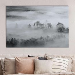 Bilderwelten Akustikbild | Wandbild schallabsorbierend - Nebel bei Sonnenaufgang Schwarz Wei&szlig;