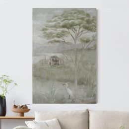 Bilderwelten Akustikbild | Wandbild schallabsorbierend - Pastellgr&uuml;ne Landschaft mit Kranich