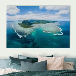 Bilderwelten Akustikbild | Wandbild schallabsorbierend - Mauritius Luftaufnahme mit Strand und Riff