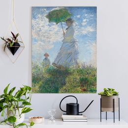 Bilderwelten Leinwandbild originell modern Kunstdruck blau - Claude Monet - Frau mit Sonnenschirm - Wandbild XXL Wohnzimmer Schlafzimmer