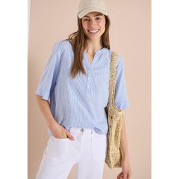 Kurzarmbluse Cecil, Damen, Gr. M (40), blouse blau, Web, Obermaterial: 100% Viskose, gestreift, l&auml;ssig geschnitten h&uuml;ftbedeckend, Rundhals, abgesteppte Kante, Blusen, Sommerbluse mit Split Neck und Streifen