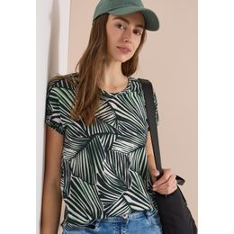 Kurzarmshirt Cecil, Damen, Gr. M (40), gr&uuml;n (palm breeze gr&uuml;n), Jersey, Obermaterial: 50% Baumwolle, 50% Modal, bedruckt, normal h&uuml;ftbedeckend, V-Ausschnitt, abgesteppte Kante, Shirts, Sommershirt mit V-Neck und Spitzendetail/grafisches Muster