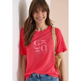 Kurzarmshirt Cecil, Damen, Gr. M (40), fresh rot, Jersey, Obermaterial: 55% Polyester, 45% Viskose, bedruckt, meliert, normal h&uuml;ftbedeckend, Rundhals, abgesteppte Kante, Shirts, Sommershirt in Leinen-Optik mit Print