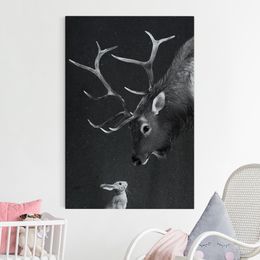 Bilderwelten Akustikbild | Wandbild schallabsorbierend - Illustration Hirsch und Hase Schwarz Wei&szlig; Malerei