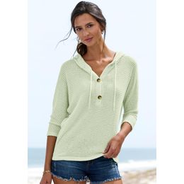 3/4-Arm-Shirt Lascana "aus b&uuml;gelfreiem Waffelstrick", Damen, Gr. 32/34, blau (lime), Strick, Obermaterial: 64% Polyester, 34% Viskose, 2% Elasthan, leicht transparent, unifarben, l&auml;ssig geschnitten normal, V-Ausschnitt, Shirts 3/4-Arm-Shirt, mit Kapuze und Knopfleiste