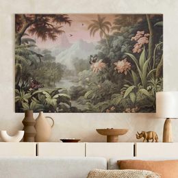 Bilderwelten Akustikbild | Wandbild schallabsorbierend - Antiker Dschungel mit rosa Bl&uuml;ten