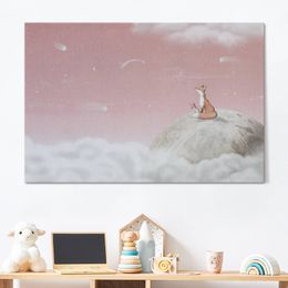 Bilderwelten Akustikbild | Wandbild schallabsorbierend - Fuchs und Maus auf dem Mond Rosa