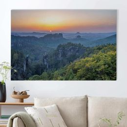Bilderwelten Akustikbild | Wandbild schallabsorbierend - S&auml;chsische Schweiz Felsen im Nebel bei Sonnenuntergang