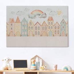 Bilderwelten Akustikbild | Wandbild schallabsorbierend - Aquarell Regenbogenstadt