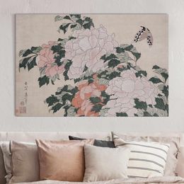 Bilderwelten Akustikbild | Wandbild schallabsorbierend - Katsushika Hokusai - Rosa Pfingstrosen mit Schmetterling