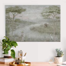 Bilderwelten Akustikbild Pastellgr&uuml;ne Landschaft mit Kranich